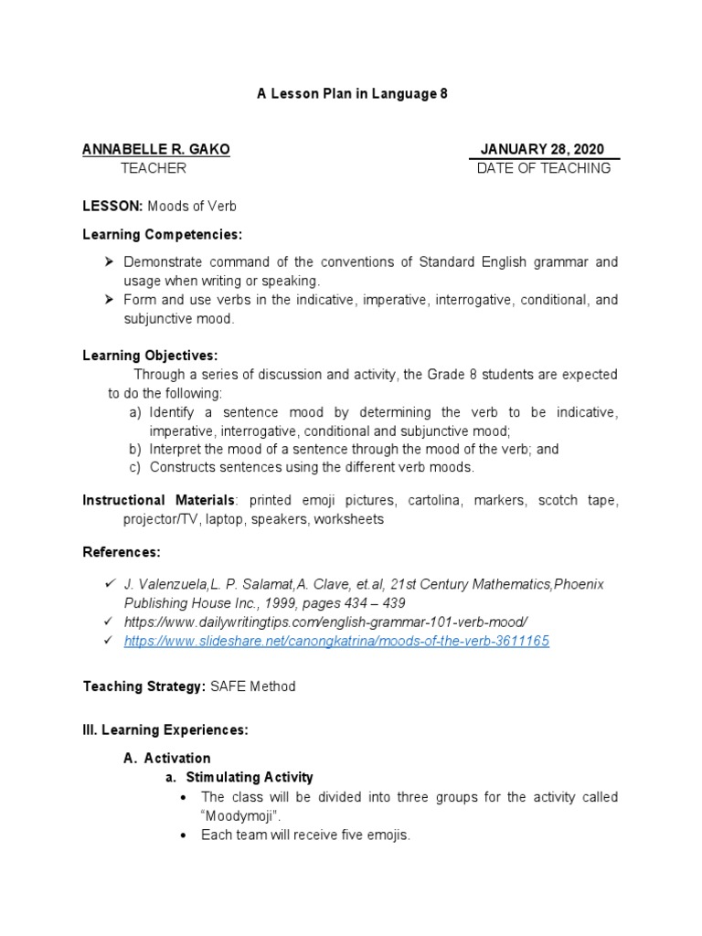 Verb Moods Lesson Plan 2 | PDF | Linguistic Morphology | Linguistic ...