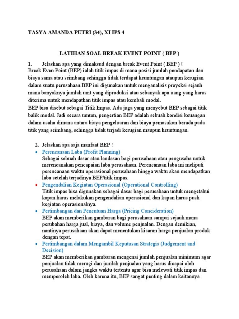 Latihan Soal Break Event Point Xi Pkwu | PDF