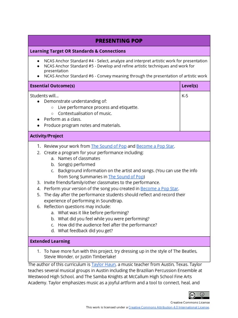 Presenting Pop: Learning Target OR Standards & Connections | PDF ...