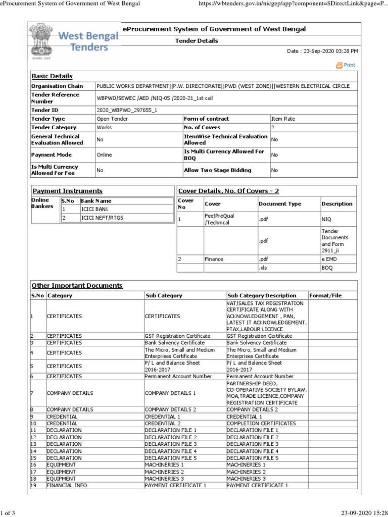 Documents Required For West Bengal On Line Tender | Download Free PDF ...