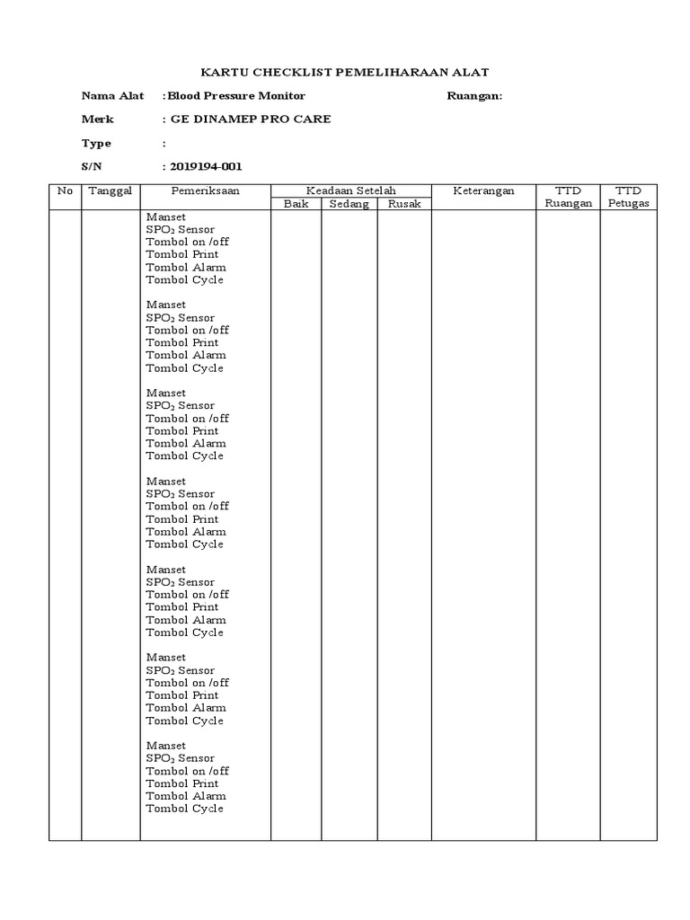 Kartu Checklist Pemeliharaan Alat 2 | PDF