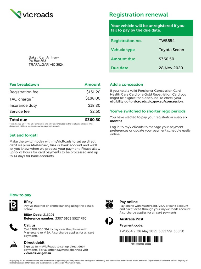 Registration Renewal: Registration No. Vehicle Type Amount Due Due Date ...