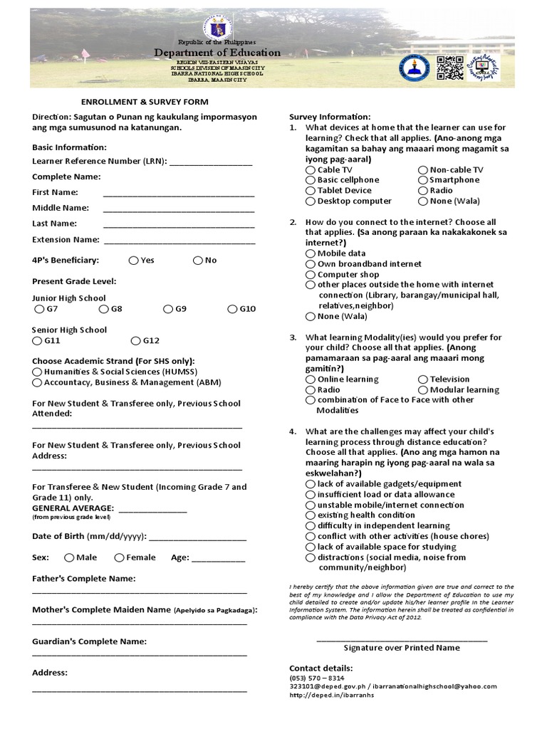 Student Enrollment and Survey Form | PDF | Information Age | Computing