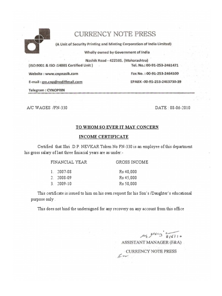 Income Certificate for D.P. Nevkar | PDF