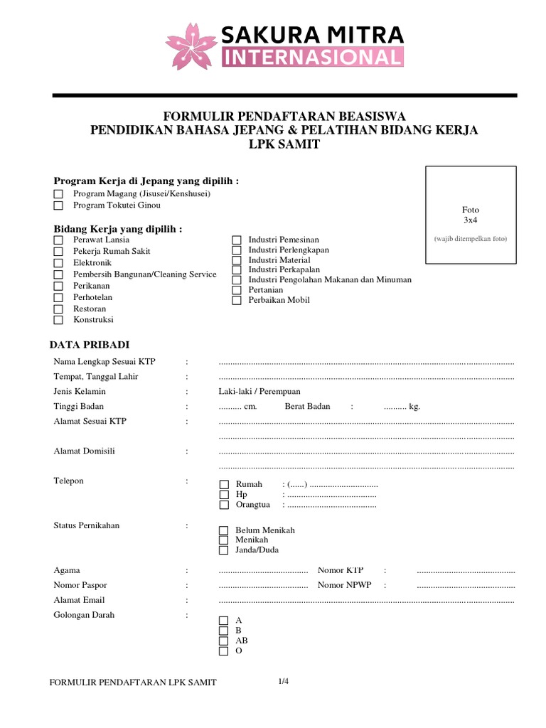 Formulir Pendaftaran LPK SAMIT (Beasiswa) | PDF