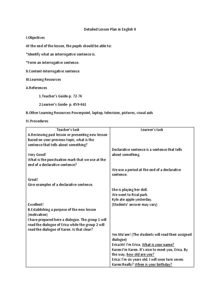 Detailed Lesson Plan in English II | PDF | Question | Lesson Plan