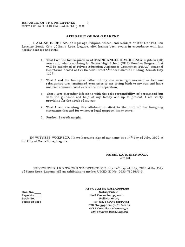Affidavit of Solo Parent | PDF | Affidavit | Document