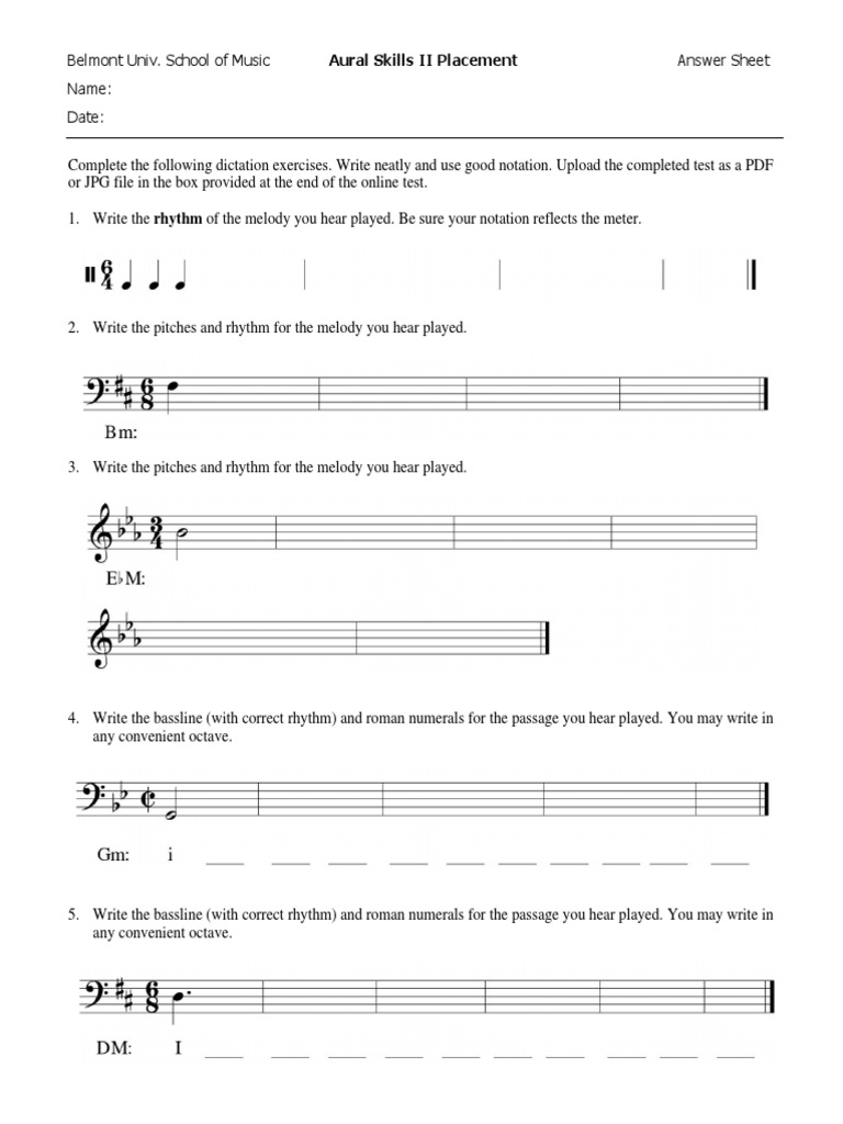 Aural Skills II Placement Answer Sheet | PDF