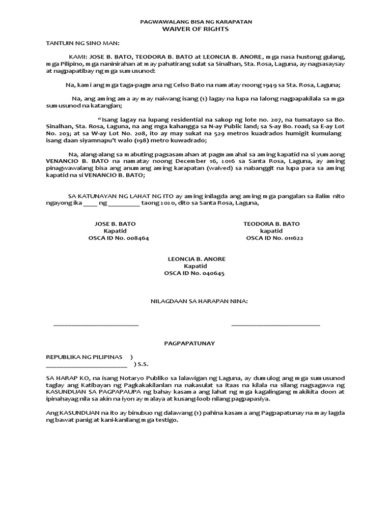 WAIVER OF RIGHTS Property (TAGALOG) | PDF