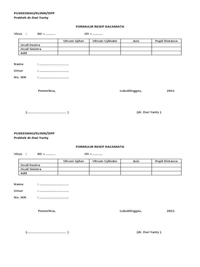 Dr. Dwi Form Resep Kacamata | PDF
