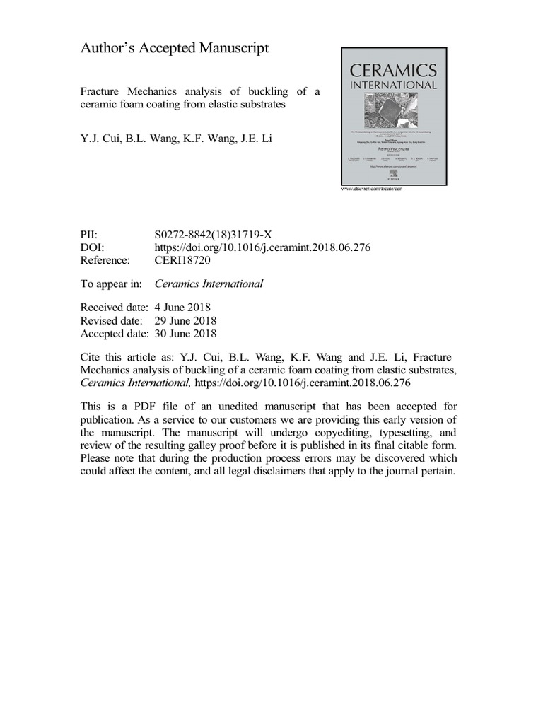 Fracture Mechanics Analysis of Buckling of A Ceramic Foam Coating From ...
