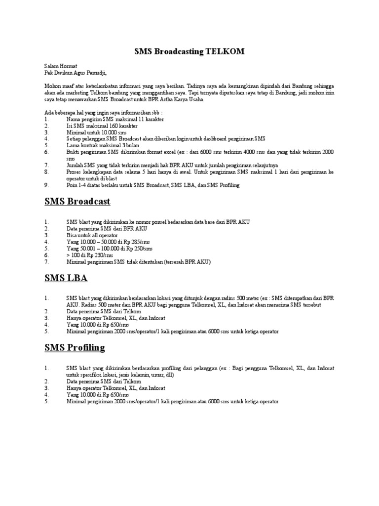 Marketing Proposal for SMS Broadcasting Services | PDF