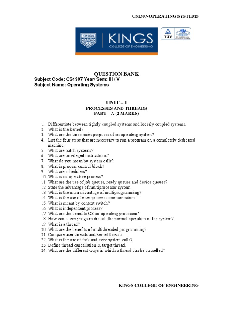 CS1252 Operating Systems | PDF | Scheduling (Computing) | Thread (Computing)