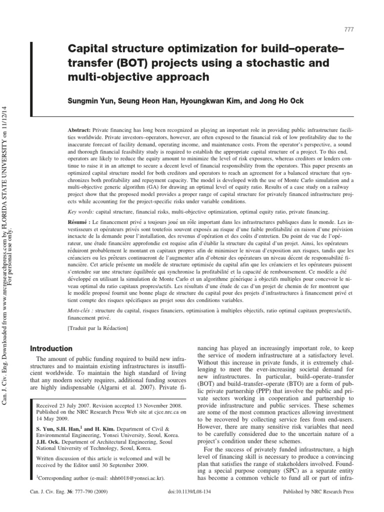 Capital Structure Optimization For Build-Operate - Transfer (BOT) Projects Using A Stochastic ...