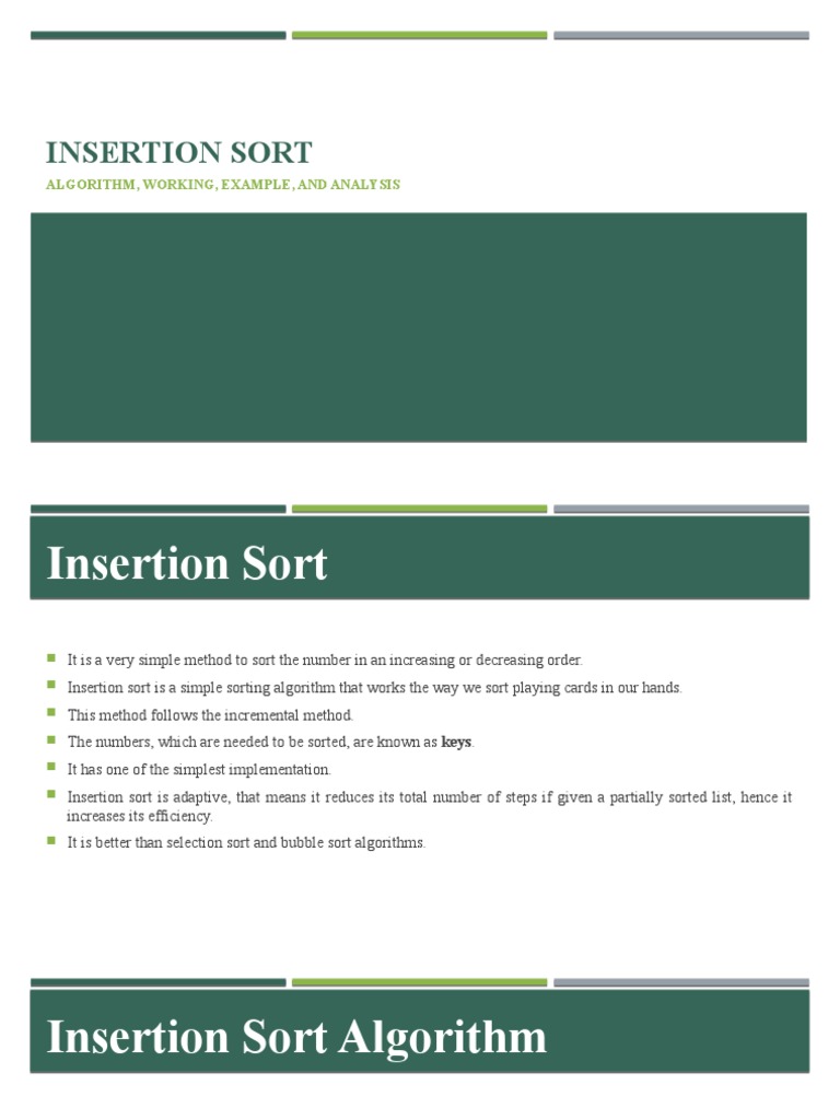 Insertion Sort: Algorithm, Working, Example, and Analysis | PDF