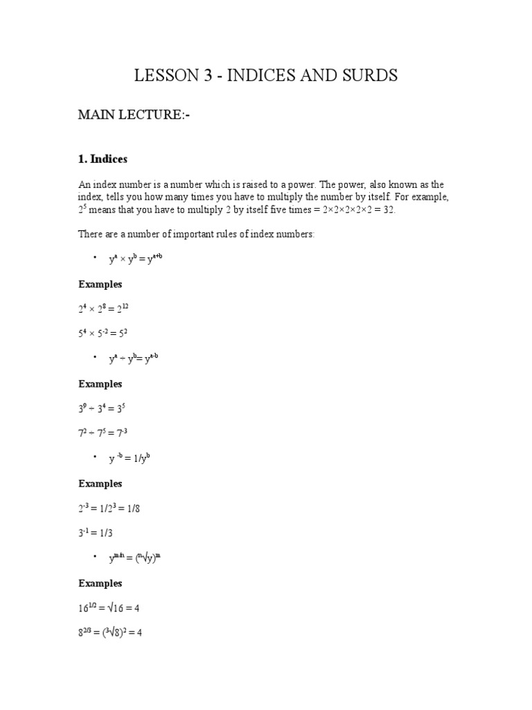 Lesson 3 - Indices and Surds | PDF | Numbers | Division (Mathematics)