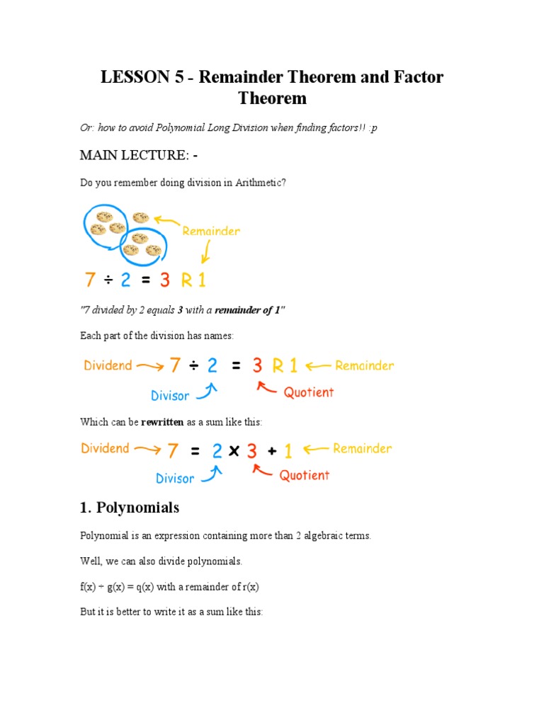 Lesson 5 - Remainder and Factor Theorem | PDF | Factorization | Polynomial