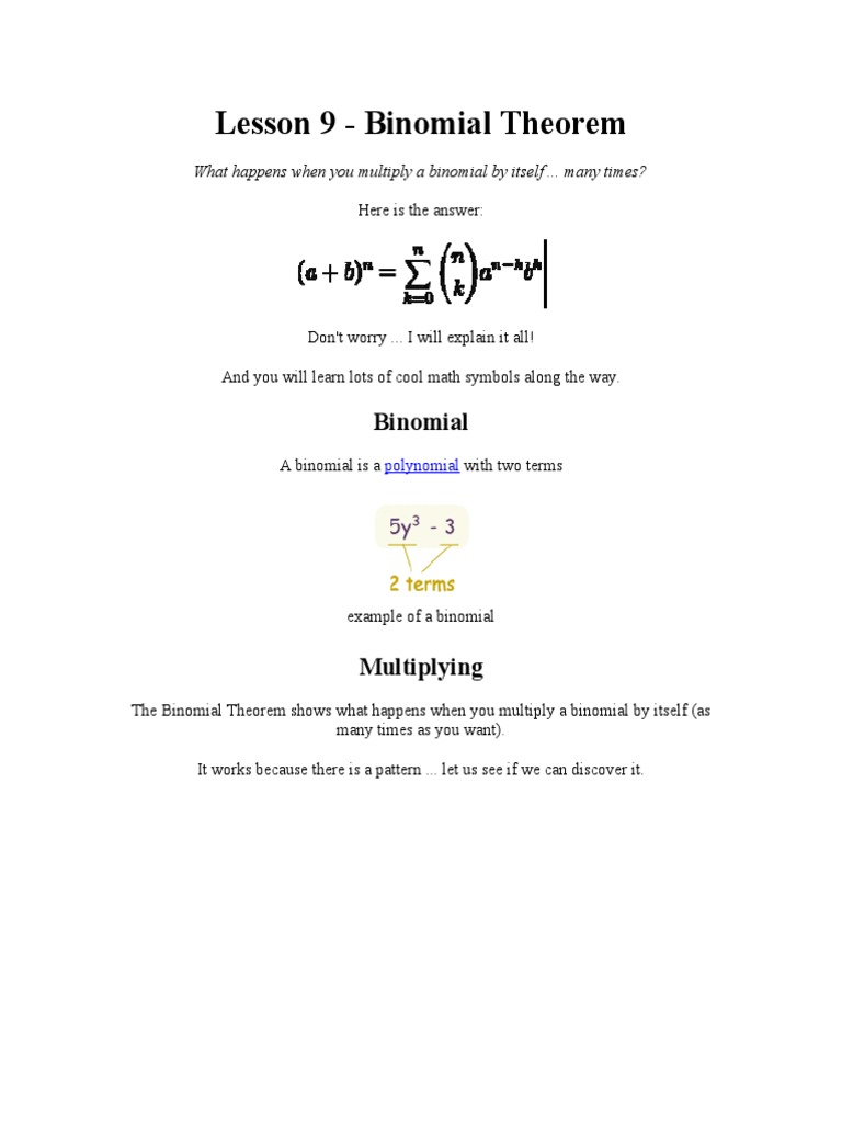 The Binomial Theorem: A Formula and Pattern for Expanding Binomials | PDF | Elementary ...