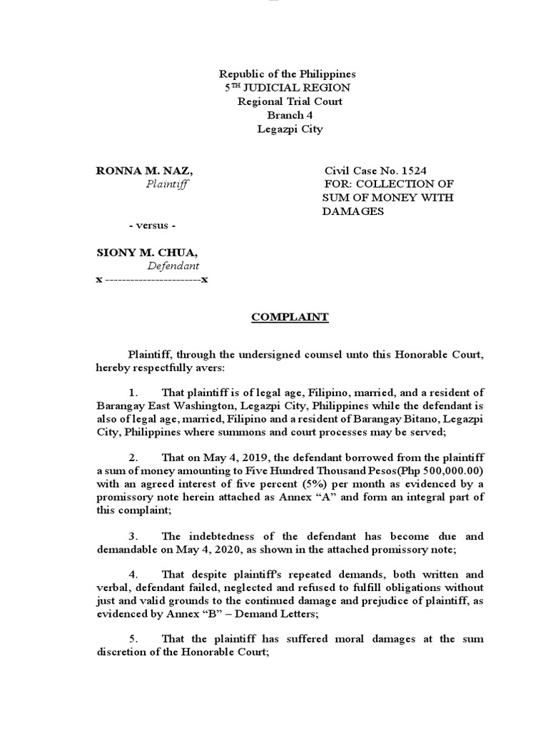 Ronna M. Naz v. Siony M. Chua: Complaint for Collection of Sum of Money ...