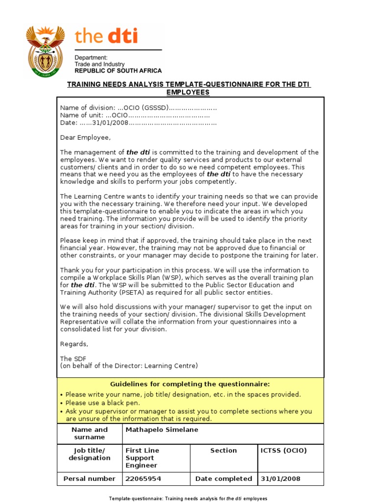 Training Needs Analysis Template-Questionnaire For Employees | PDF ...