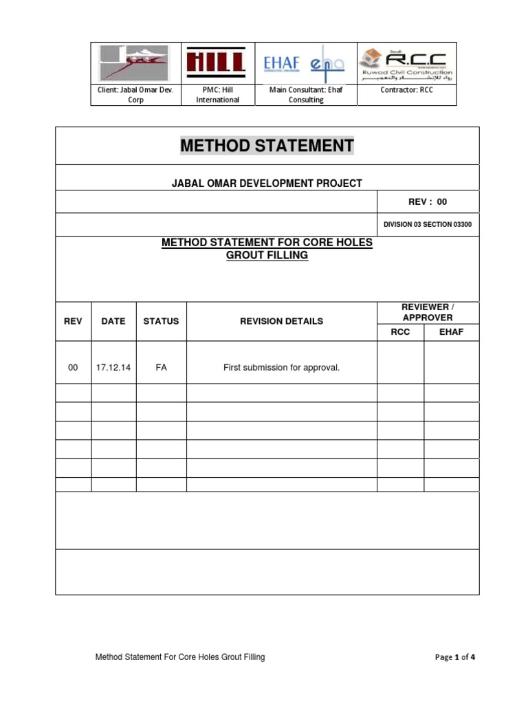 Method Statement Core Holes Grout Filling | Download Free PDF | Business