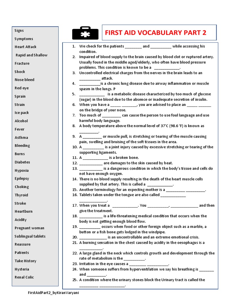 First Aid Vocabulary Part 2 Worksheet Templates Layouts - 132408 | PDF ...