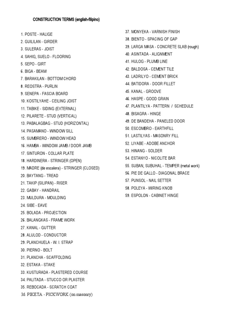 Construction Terms - English-Filipino | PDF | Framing (Construction ...