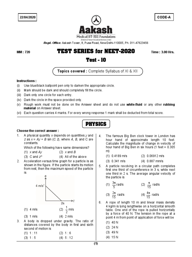 FTS - 10 (Code-A) - 22-04-2020 PDF | PDF | Tissue (Biology ...
