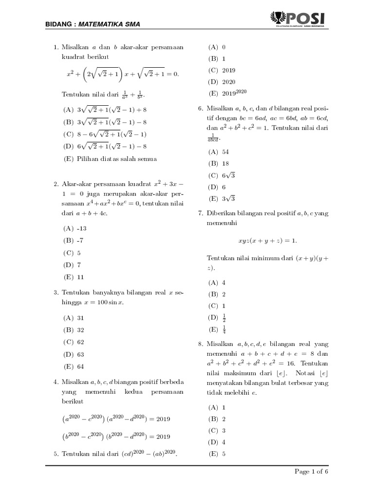 Soal KSN Online Posi 2020 - Matematika Sma | PDF