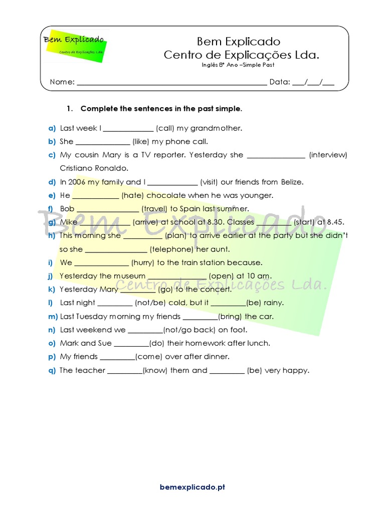 1.3 - Ficha de Trabalho - Past Simple | PDF 1.3 - Ficha de Trabalho - Past Simple | PDF