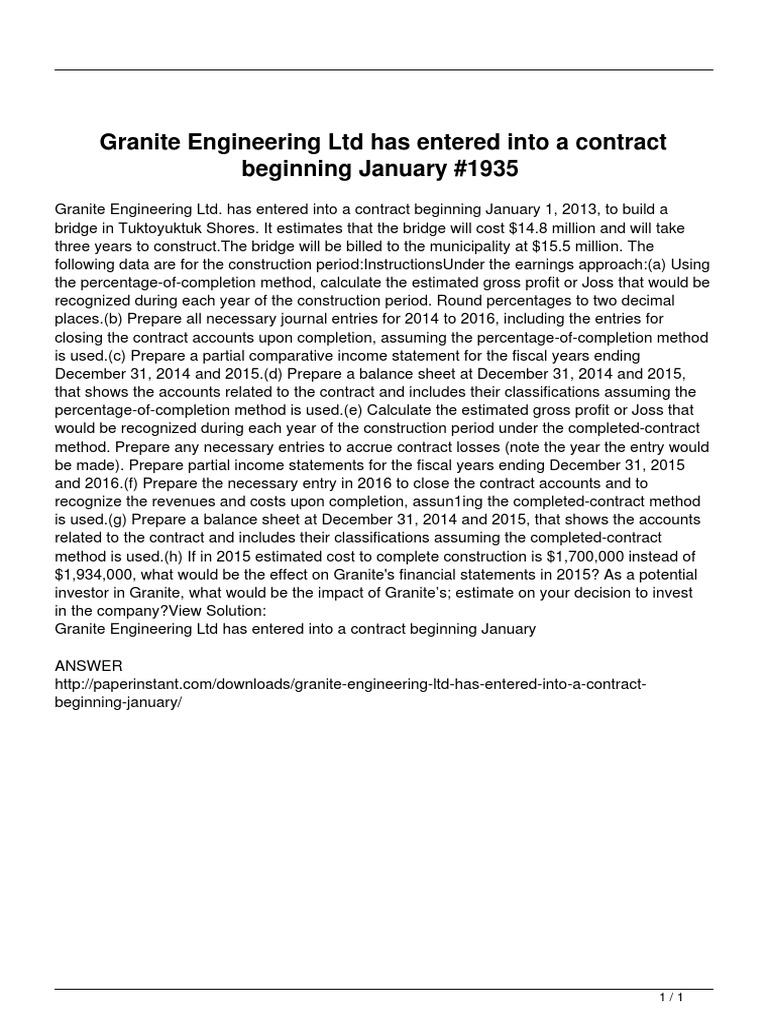 Granite Engineering LTD Has Entered Into A Contract Beginning January ...