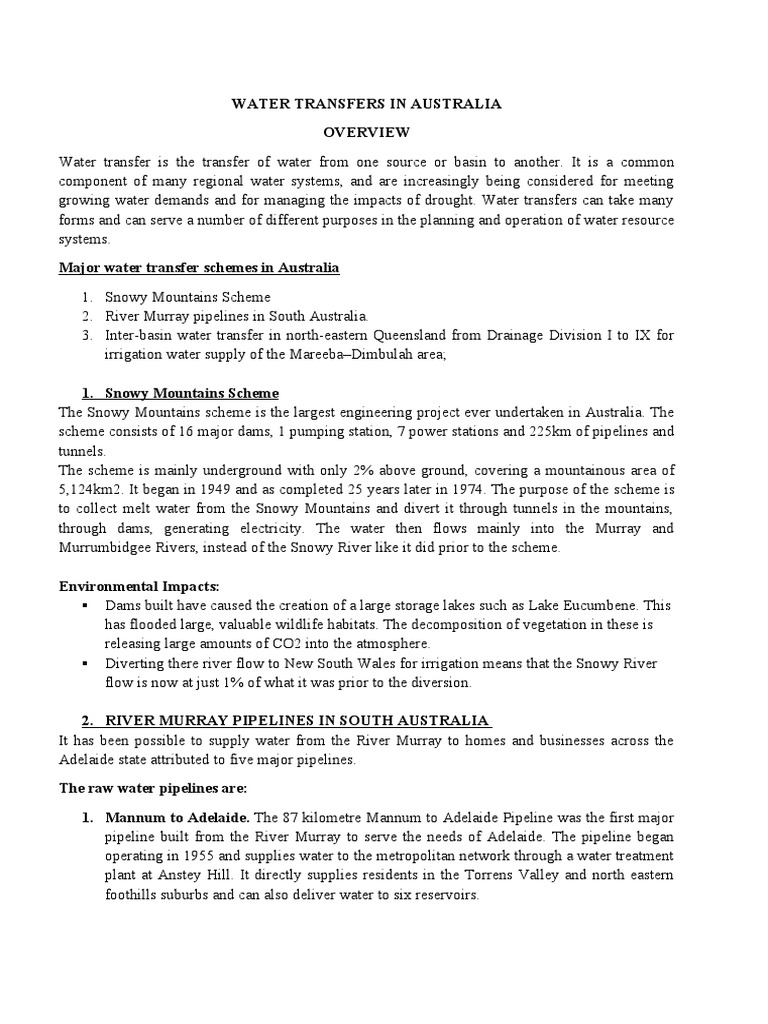 Major Water Transfer Schemes in Australia: An Overview of the Snowy ...