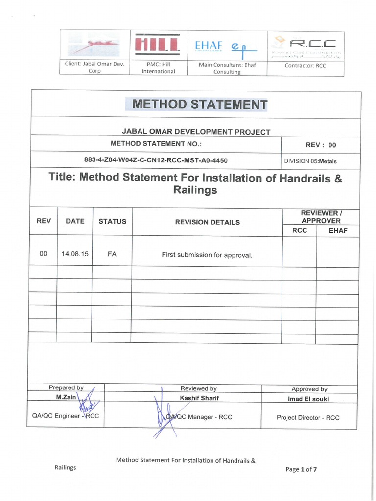 Method Statement For Installation of Handrails & Railings PDF | PDF
