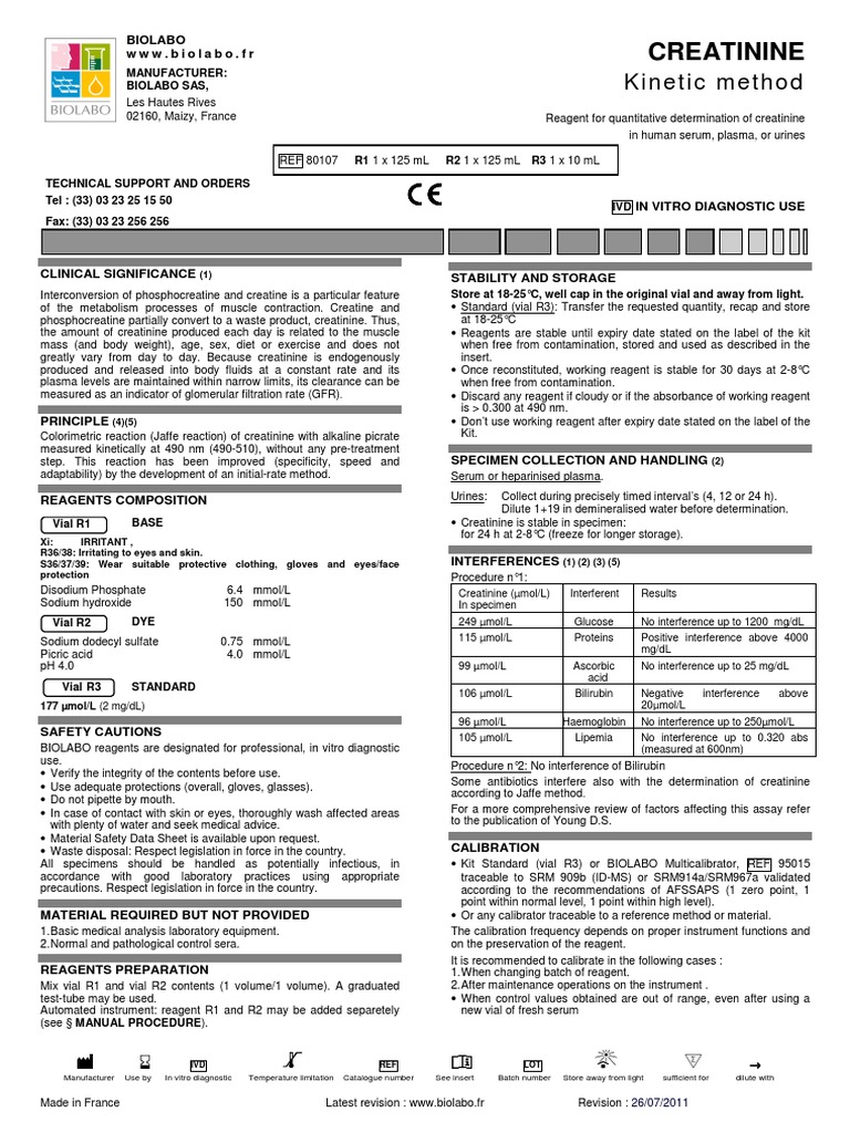 Creatinine: Kinetic Method | PDF | Creatinine | Chemistry