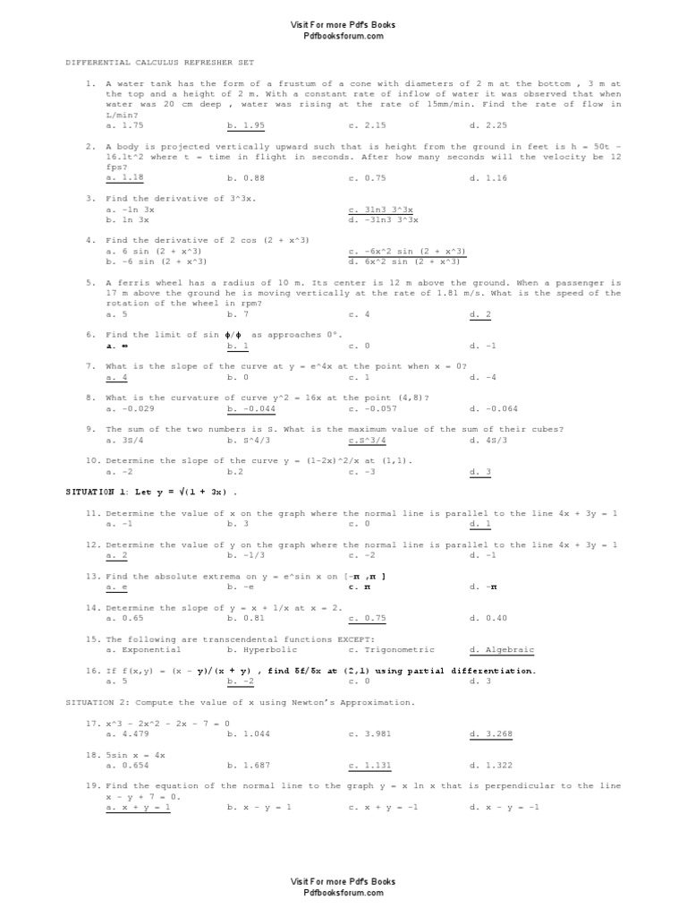 Differential Calculus Refresher Set | PDF | Derivative | Volume