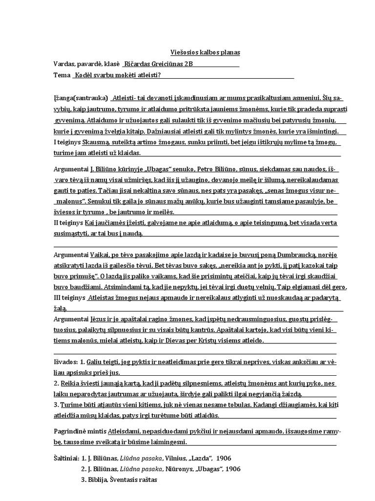 "Kodėl Svarbu Mokėti Atleisti?" Kalbejimo Planas | PDF