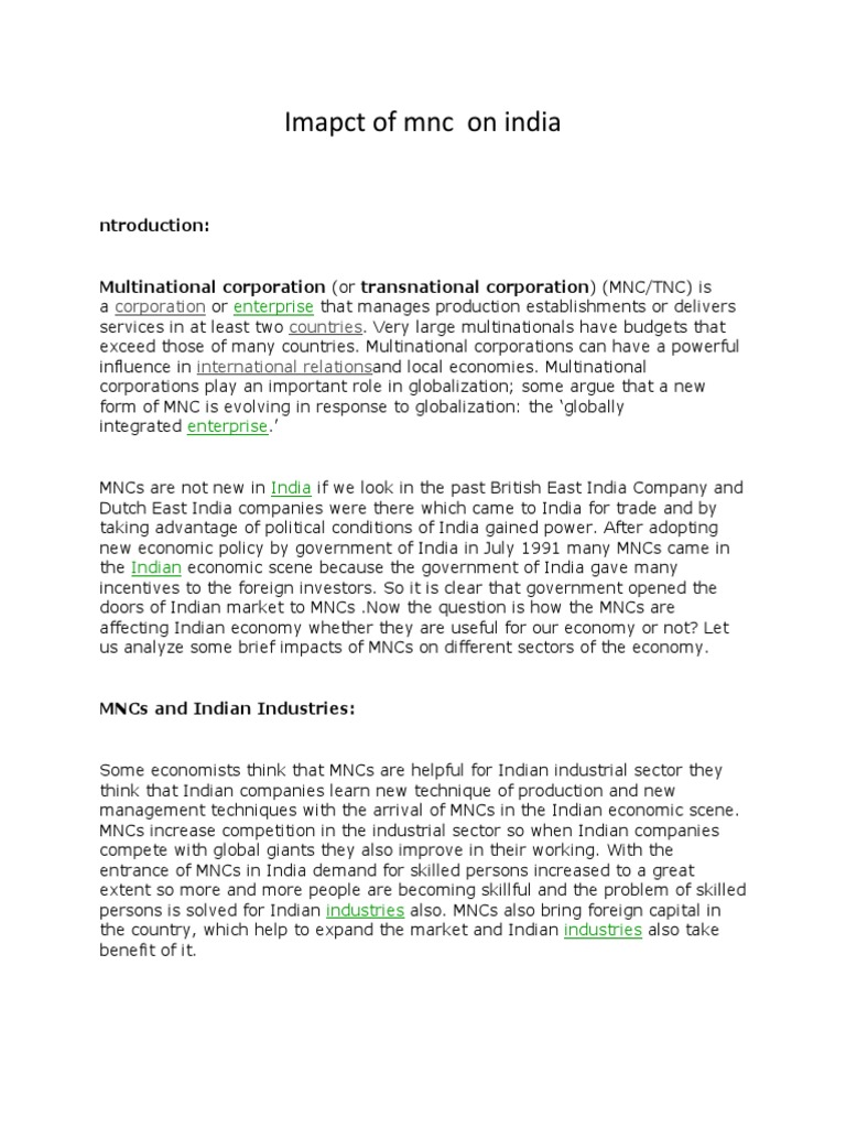 Impact of MNCs on India's Economy | PDF | Multinational Corporation ...