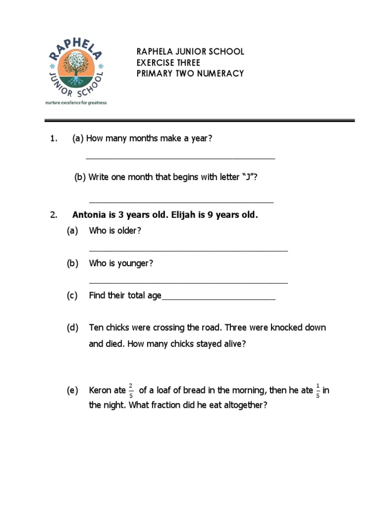 P.2 Numeracy Exercise Three | PDF