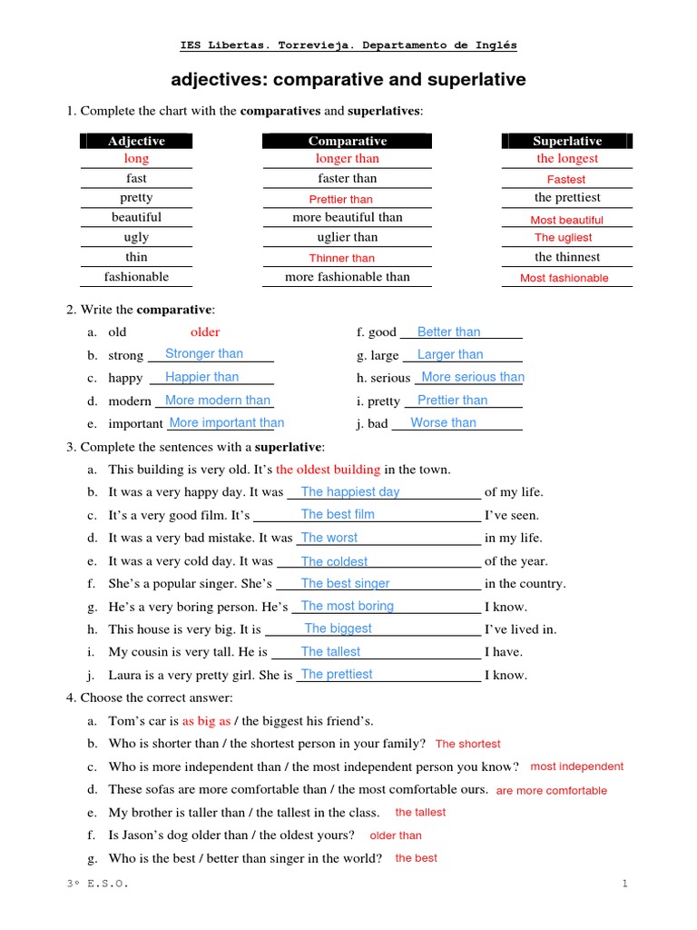 Comparative Superlative Adjectives Worksheets Pdf Superlative