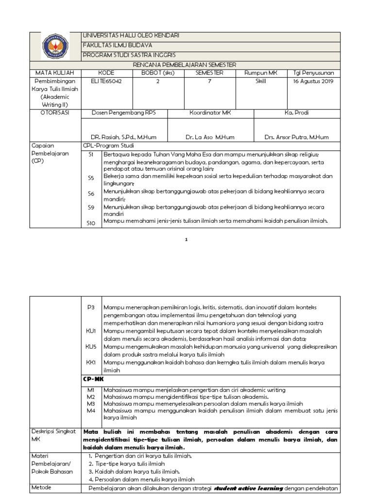 RPS Mata Kuliah Academic Writing II PDF | PDF | Seni & Disiplin Bahasa