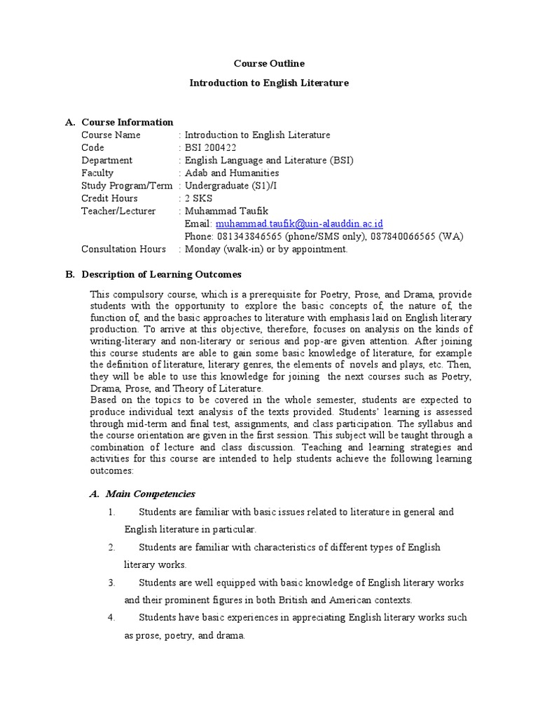 Course Outline Introduction To English Literature | PDF | English ...