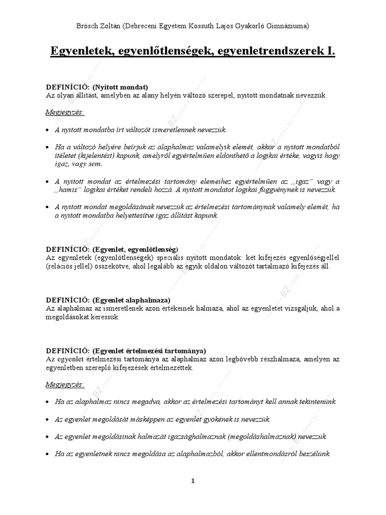 Bzmatek Egyenletek I. Tortes Parameteres Egyenletek Elmeletek | PDF