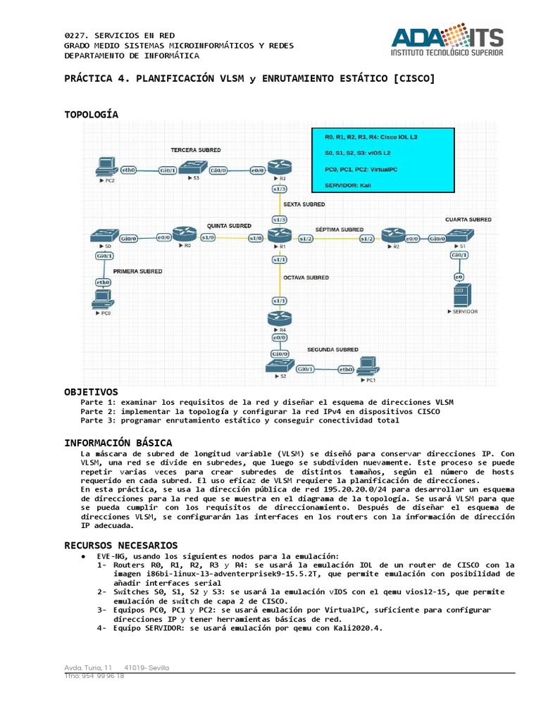Práctica 4. PLANIFICACIÓN VLSM y ENRUTAMIENTO ESTÁTICO (CISCO) | PDF | Dirección IP | Enrutador ...