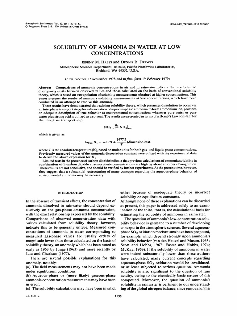 Solubility of Ammonia in Water at Low Concentrations: Jeremy | PDF ...