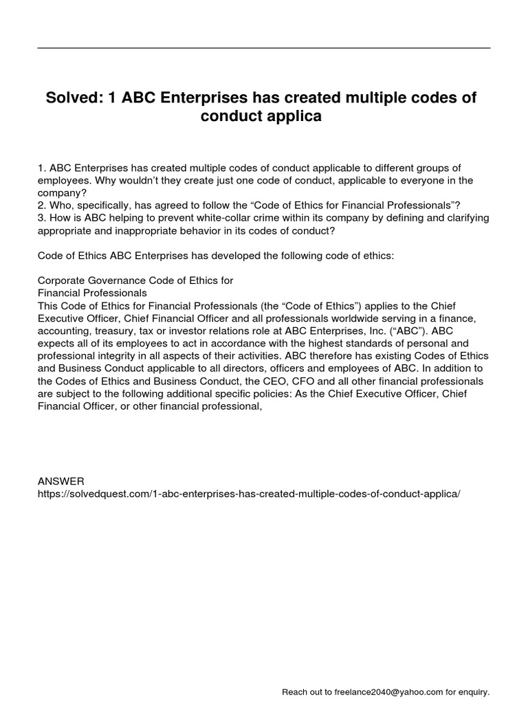 1 ABC Enterprises Has Created Multiple Codes of Conduct Applica | PDF ...