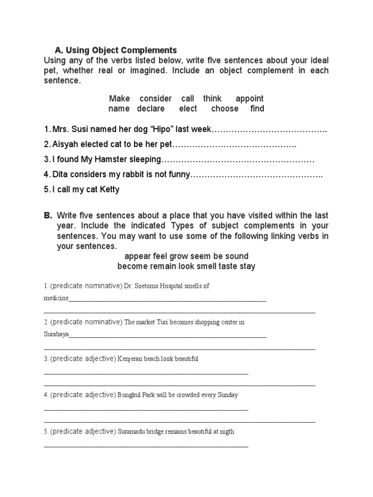 Object & Subject Complements Practice | PDF | Predicate (Grammar) | Verb