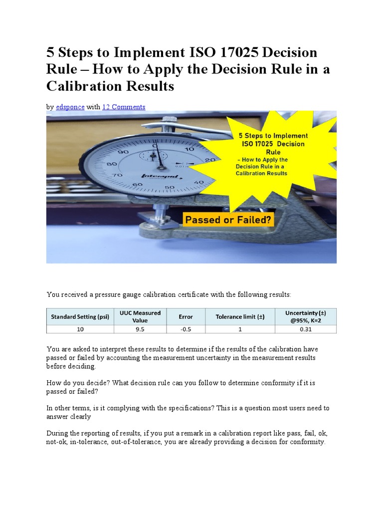 ISO 17025 Decision Rule Implementation Guide | PDF | Calibration ...