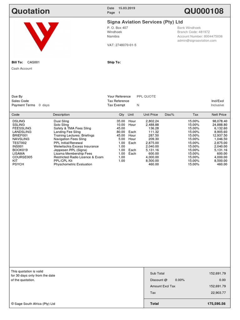 Signa Aviation Services (Pty) LTD: Bill To: Ship To | PDF | Trade ...