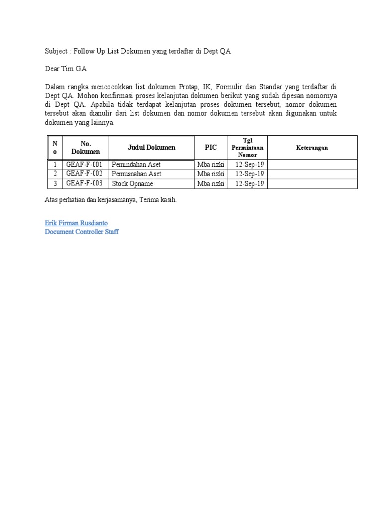 Contoh Format Email Permintaan Konfirmasi List Dokumen | PDF
