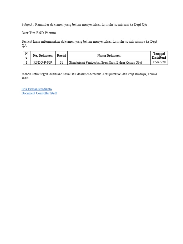 Contoh Format Reminder Dokumen Tanpa Form Sosialisasi | PDF